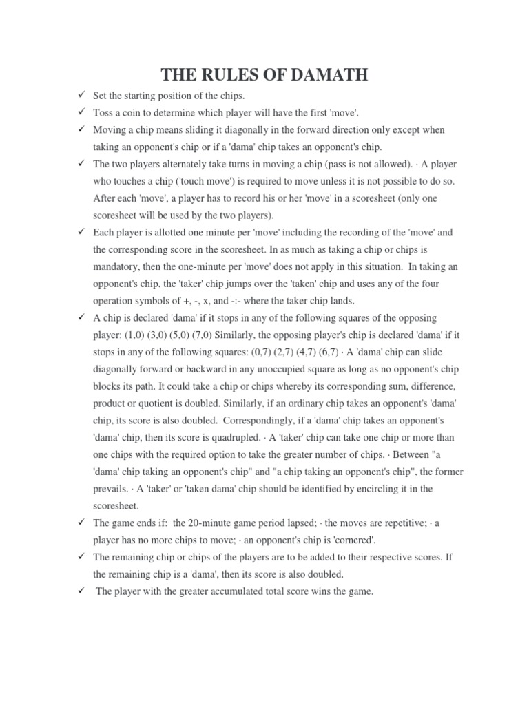 Damath Rules | PDF | Algebra | Teaching Mathematics