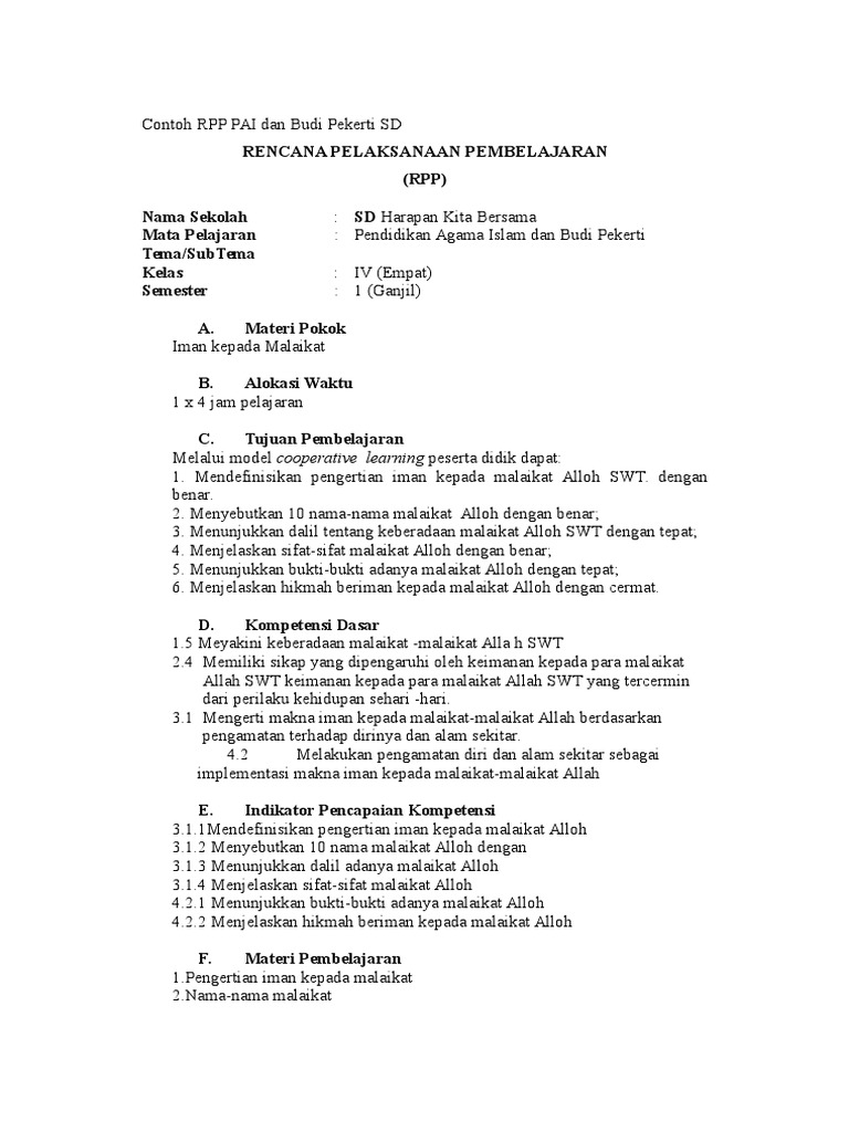 Contoh RPP Pai SD Kelas 4 Kurikulum 2013 | PDF