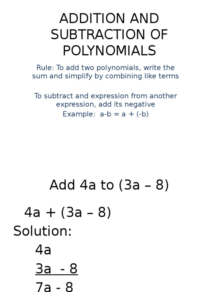 Addition and Subtraction of Polynomials & Law of Exponents | PDF