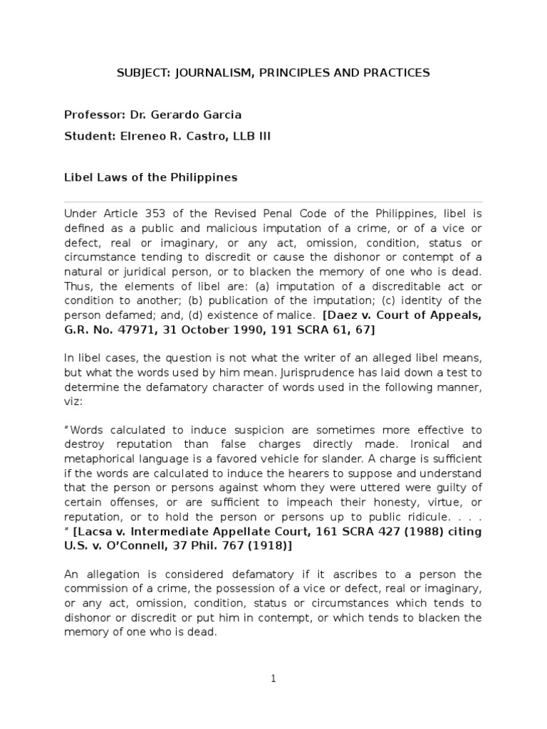 LIBEL LAWS OF THE PHILIPPINES | PDF | Defamation | Precedent