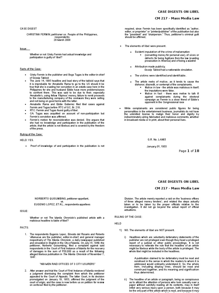 Libel Case Digests | PDF | Defamation | Intentional Infliction Of ...