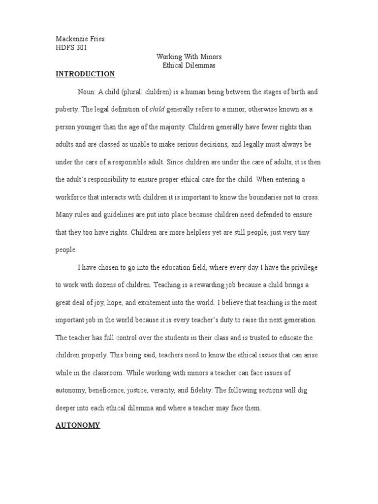 Mackenzie Fries HDFS 301 Working With Minors Ethical Dilemmas | PDF ...