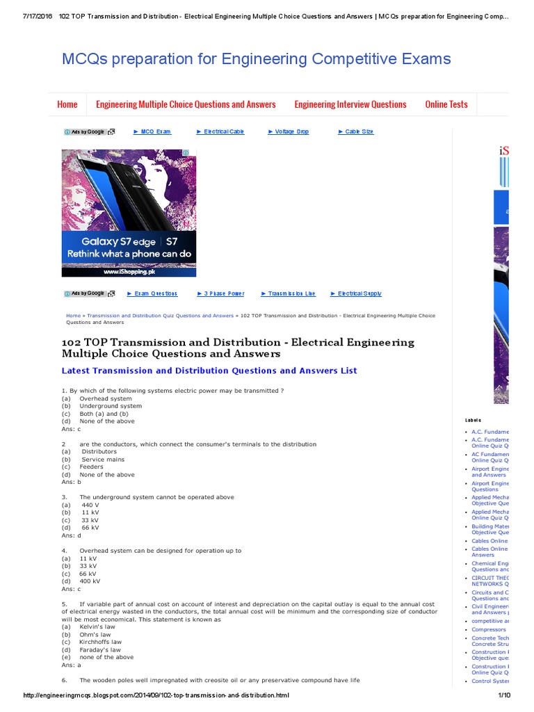 Electrical Engineering MCQs on Transmission | PDF | Electric Power ...