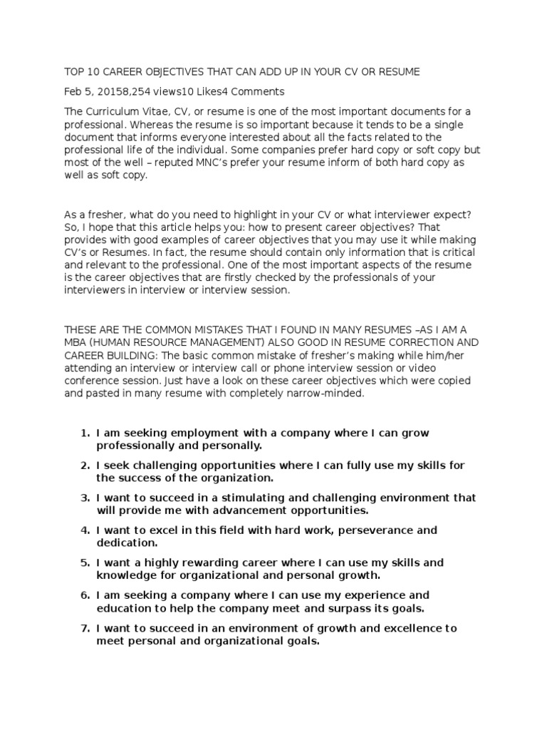 Top 10 Career Objectives That Can Add Up in Your CV or Resume | PDF ...