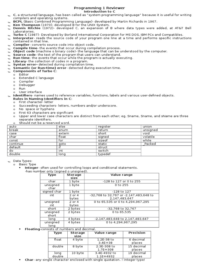 Programming 1 Reviewer | PDF | C (Programming Language) | Data Type