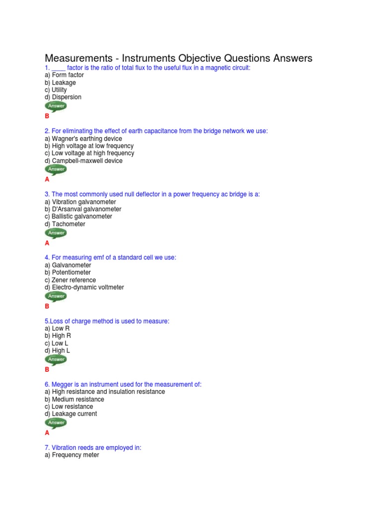 Measurements - Instruments Objective Questions Answers | PDF