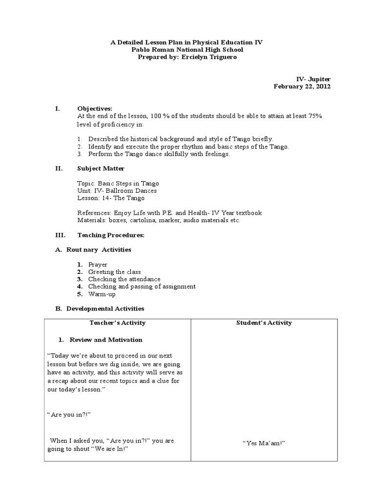 Tango Dance Lesson Plan for PE IV | PDF | Ballroom Dance | Tango