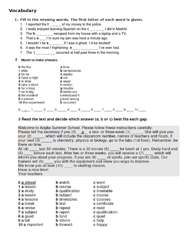Vocabulary: 1-Fill in The Missing Words. The First Letter of Each Word ...