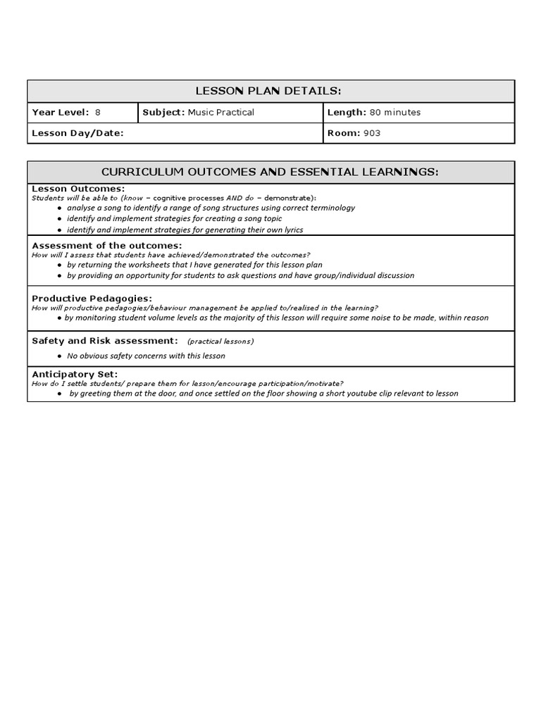 Year 8 Music Lesson Plan: Songwriting | PDF | Lesson Plan | Educational ...
