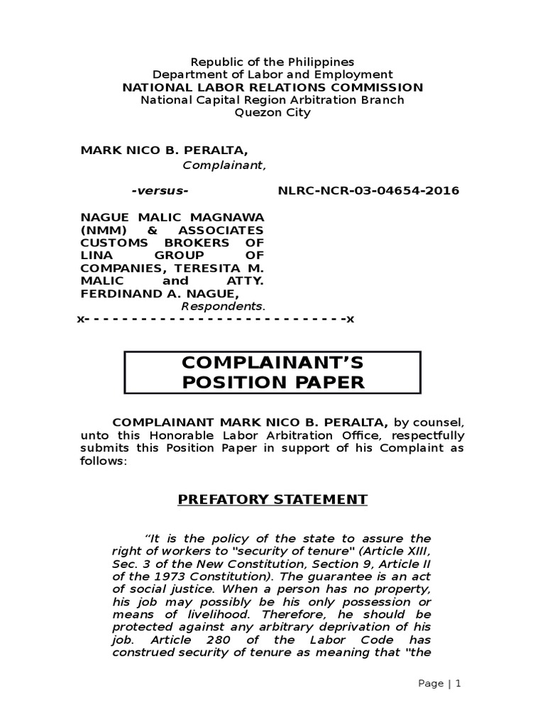 Complainant's Position Paper: Case of Illegal Dismissal and Non-Payment ...