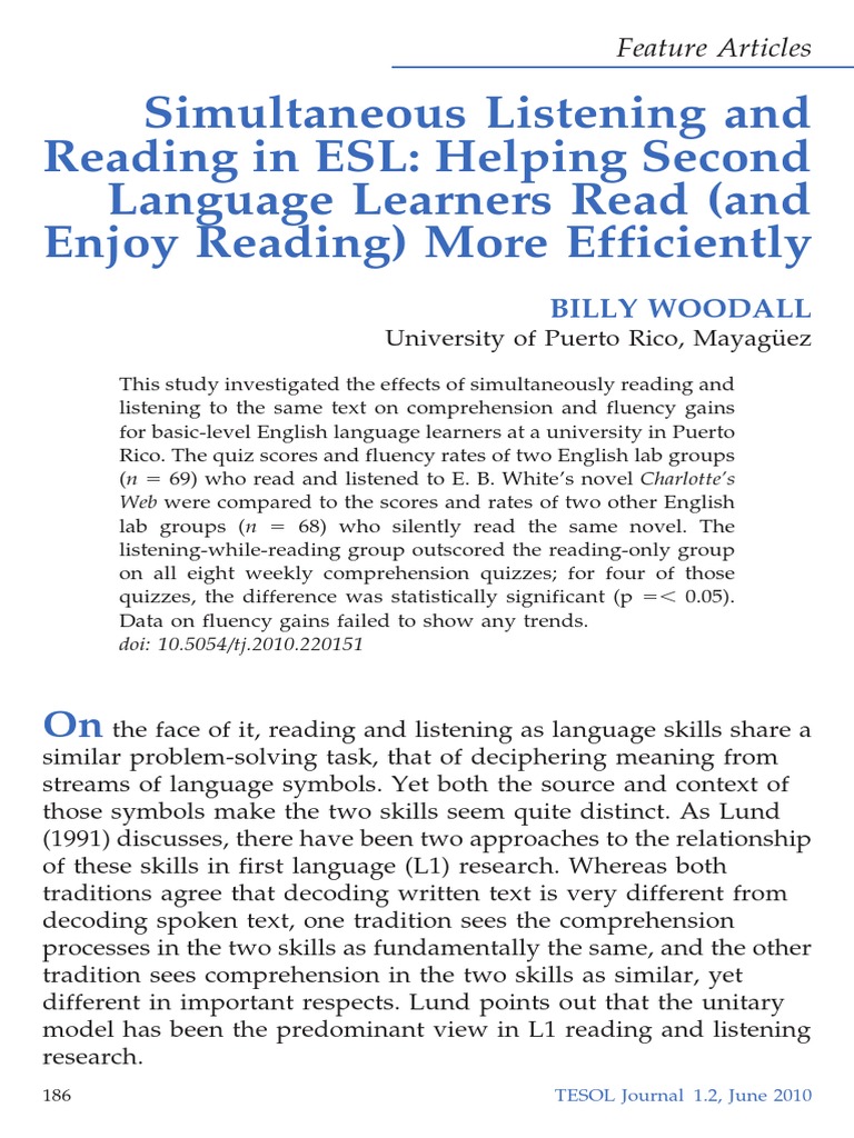 Simultaneous Listening and Reading in ESL: Helping 2nd Language ...