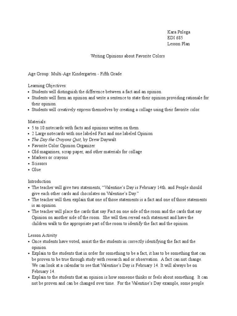 Fact and Opinion Lesson Plan | PDF | Valentine's Day | Cognition