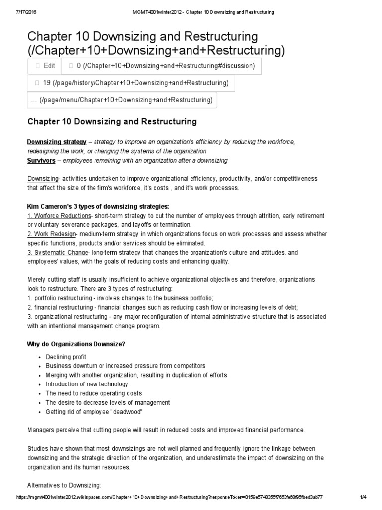 MGMT4001winter2012 - Chapter 10 Downsizing and Restructuring | PDF | Layoff | Employment