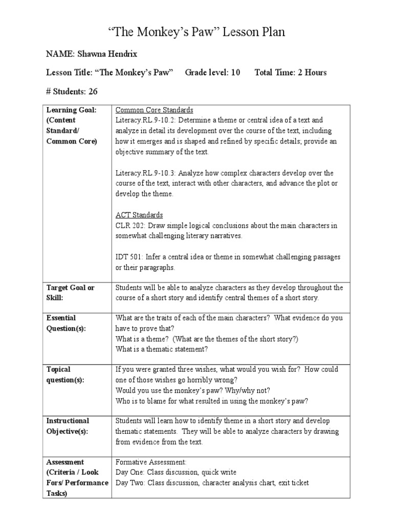 the monkeys paw lesson plan | Lesson Plan | Common Core State Standards ...