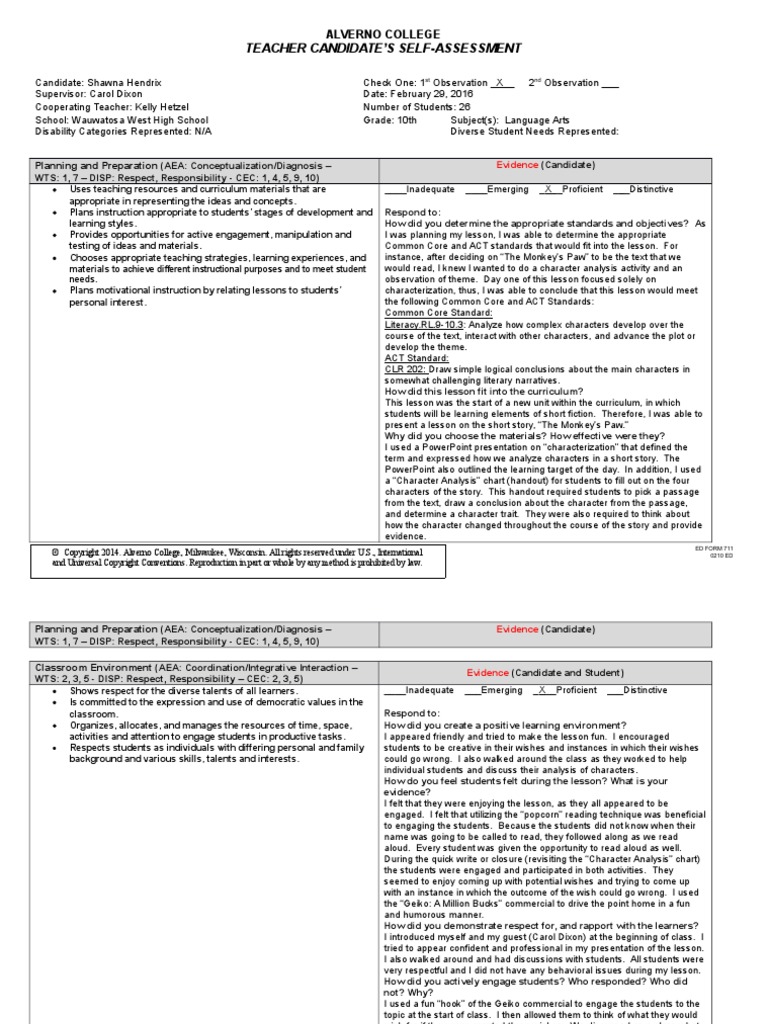 Observation Form Self Assessment-1 | PDF | Reading Comprehension ...