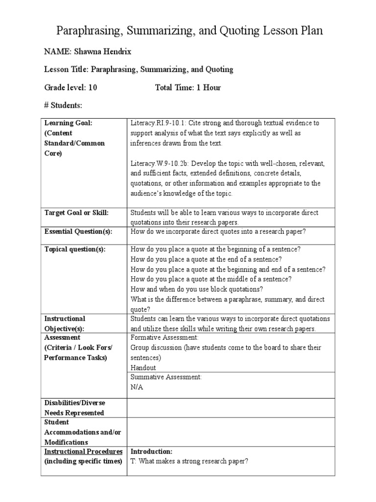 Quotes Lesson Plan | Download Free PDF | Lesson Plan | Educational ...