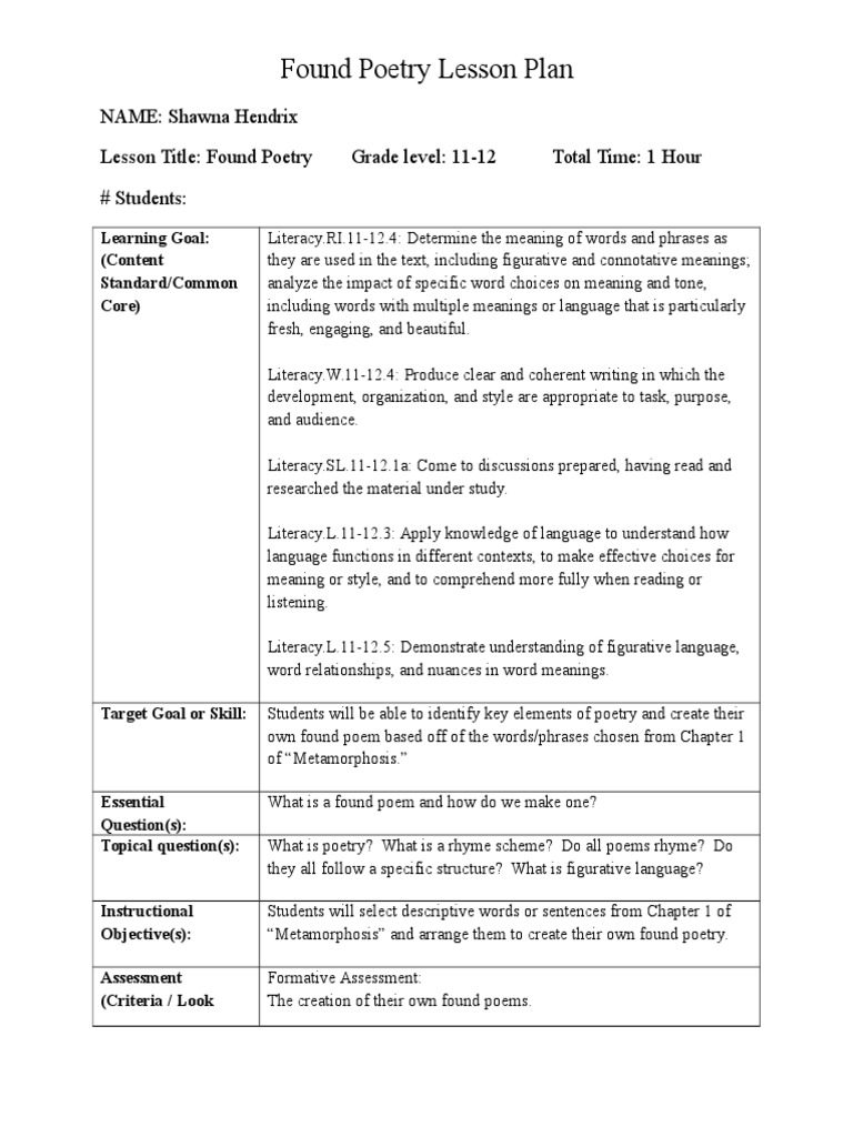 Found Poetry Lesson Plan | PDF | Poetry | Lesson Plan