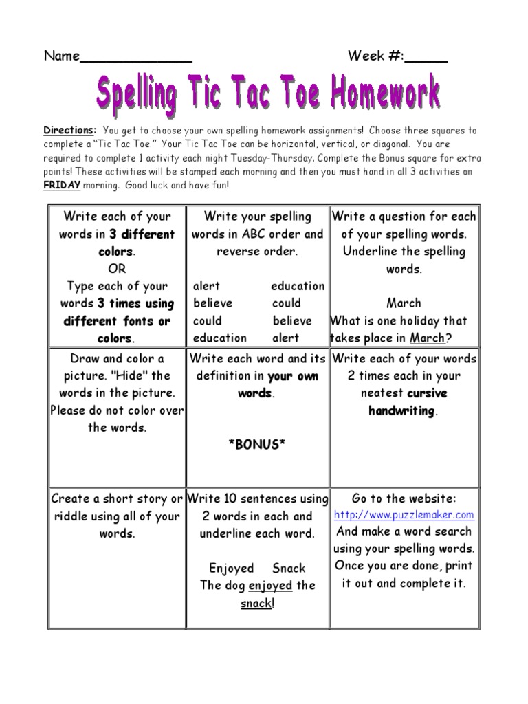 Spelling Tic Tac Toe Homework Guide | PDF