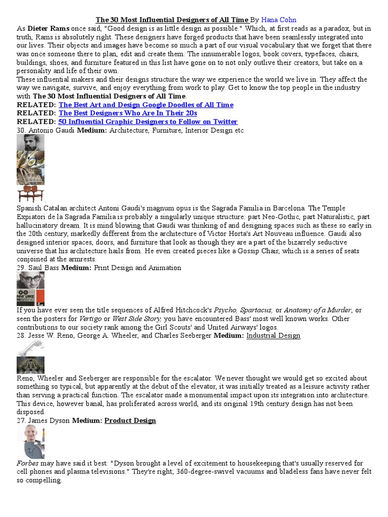 The 30 Most Influential Designers of All Time | PDF | Art Media | Design