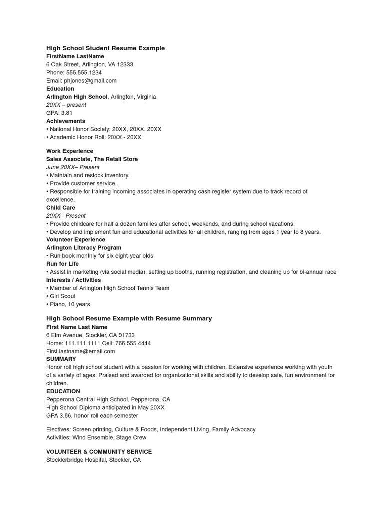 High School Student Resume Example | PDF | Secondary School | Camping