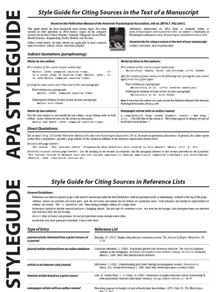 Style Guide For Citing Sources in The Text of A Manuscript: Indirect ...