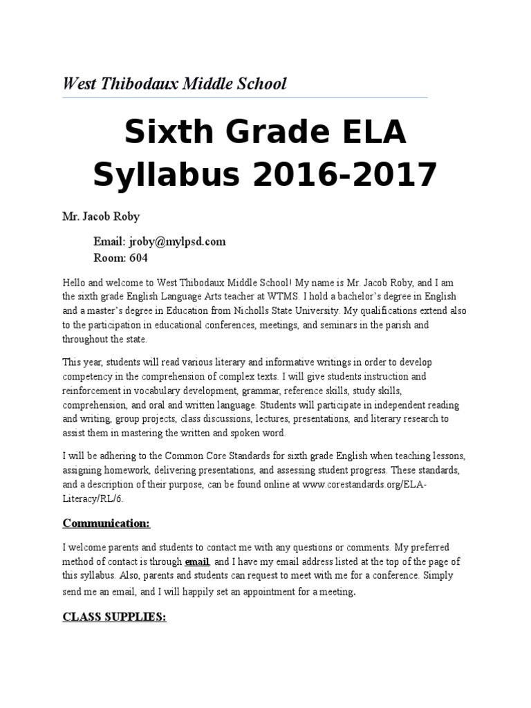 Sixth Grade ELA Syllabus 2016-2017: West Thibodaux Middle School | PDF ...