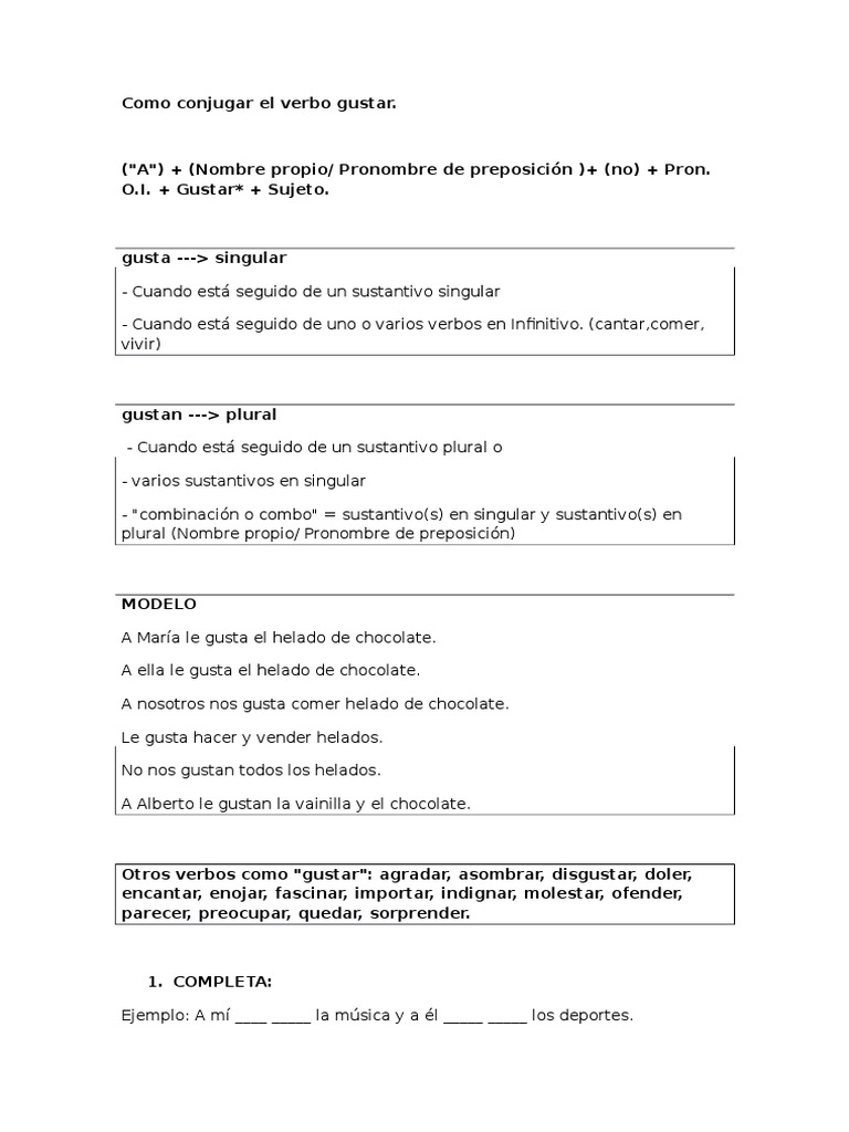 Como Conjugar El Verbo Gustar | PDF | Sustantivo | Plural