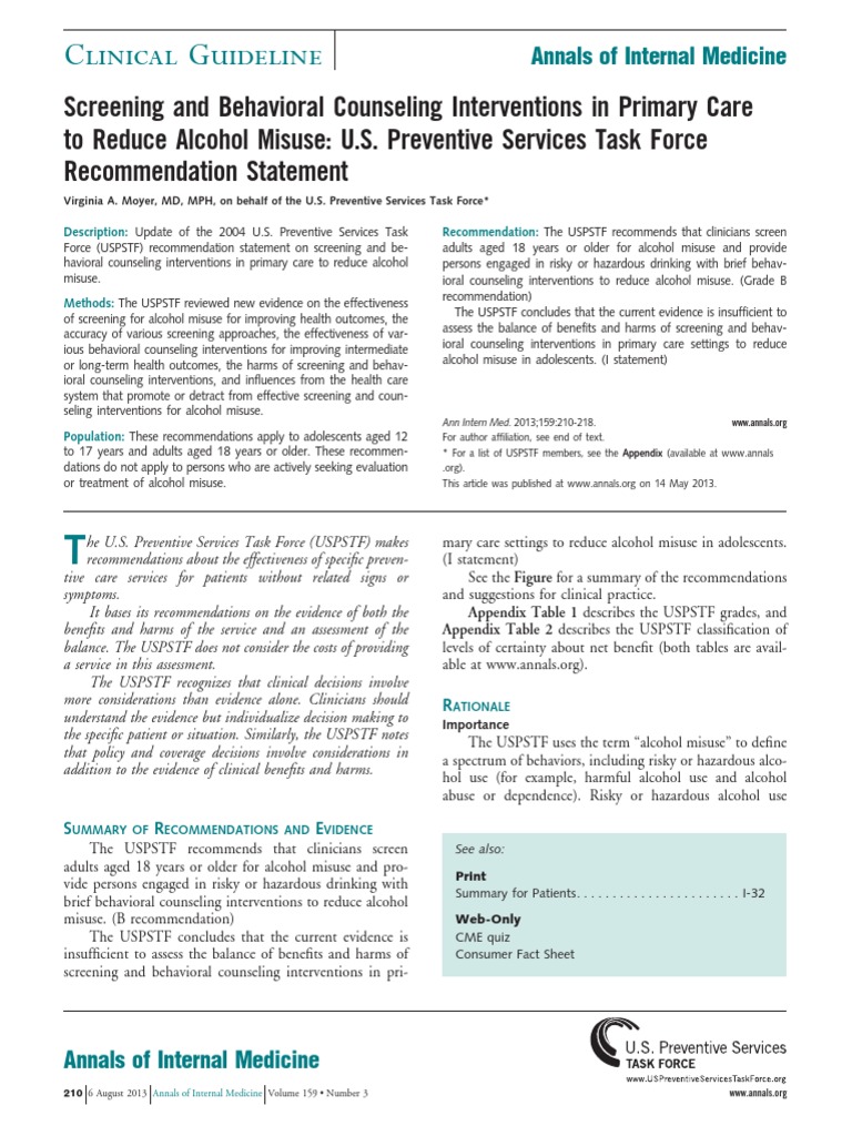 Alcohol Misuse: Screening and Behavioral Counseling Interventions in ...