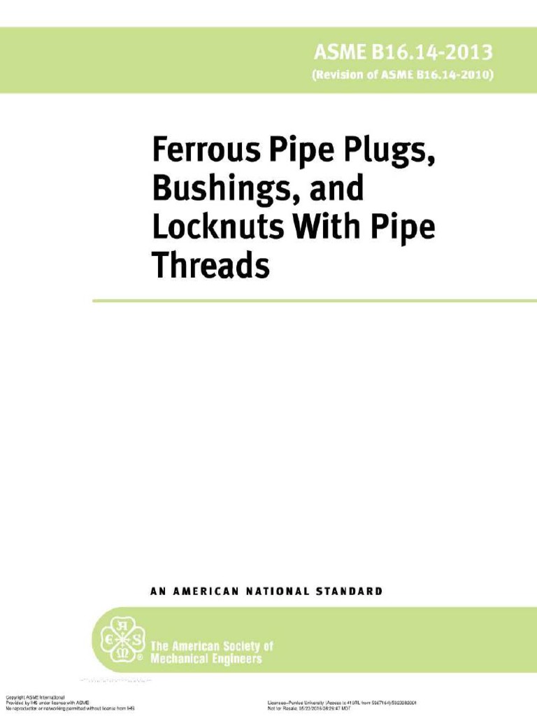 ASME B16.14 2013 Ferrous Pipe Plugs, Bushings, and Locknuts With Pipe ...