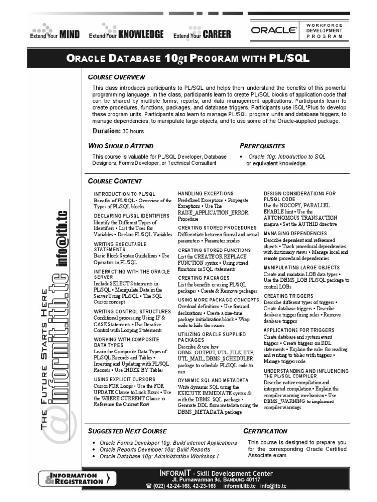 Syllabus - Oracle 10g Program With PLSQL | PDF | Pl/Sql | Sql