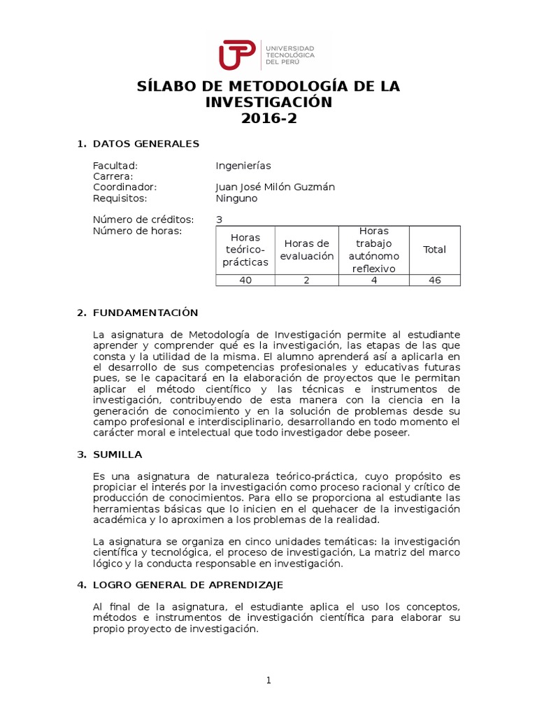 Silabo Metodología de La Investigación UTP 2016-2 | PDF | Science | Metodología