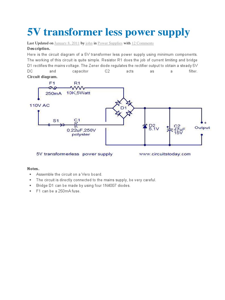 5V Transformer Less Power Supply | PDF