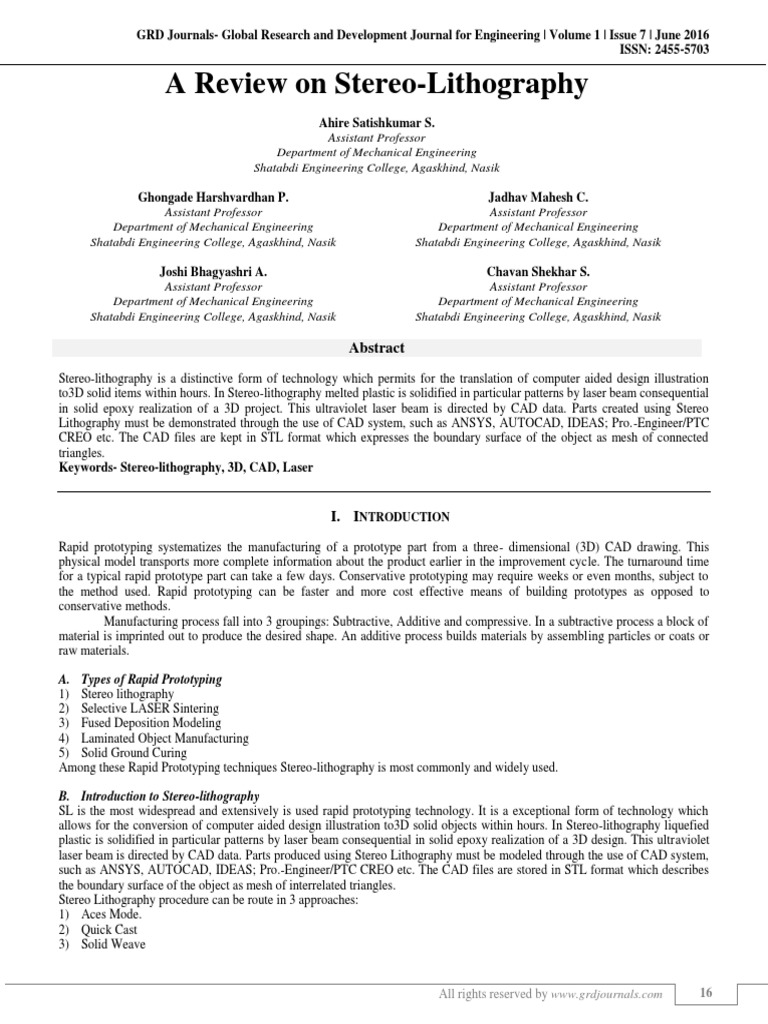 A Review On Stereo-Lithography: A. Types of Rapid Prototyping | PDF