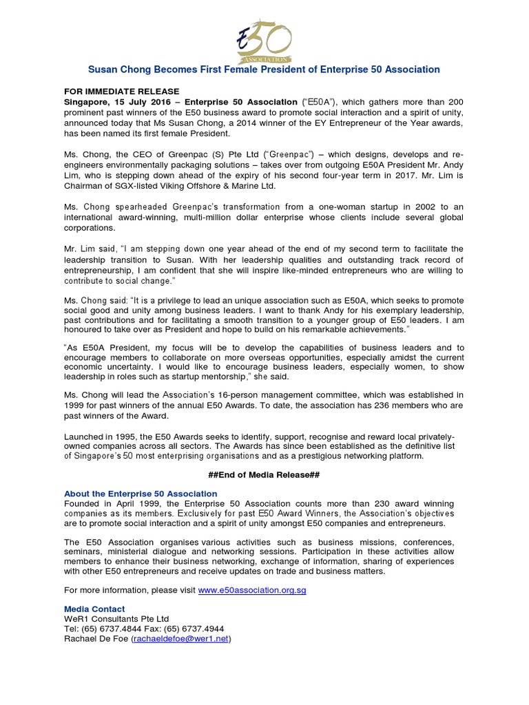 Susan Chong Becomes First Female President of Enterprise 50 Association ...