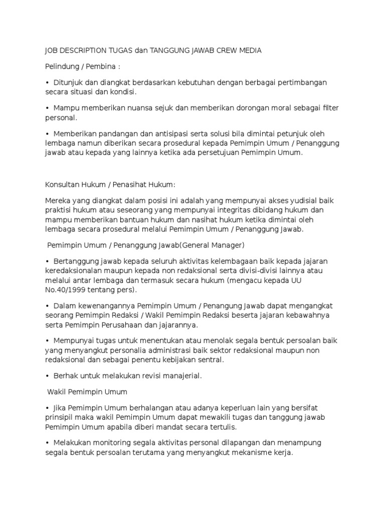 JOB DESCRIPTION TUGAS Dan TANGGUNG JAWAB CREW MEDIA | PDF