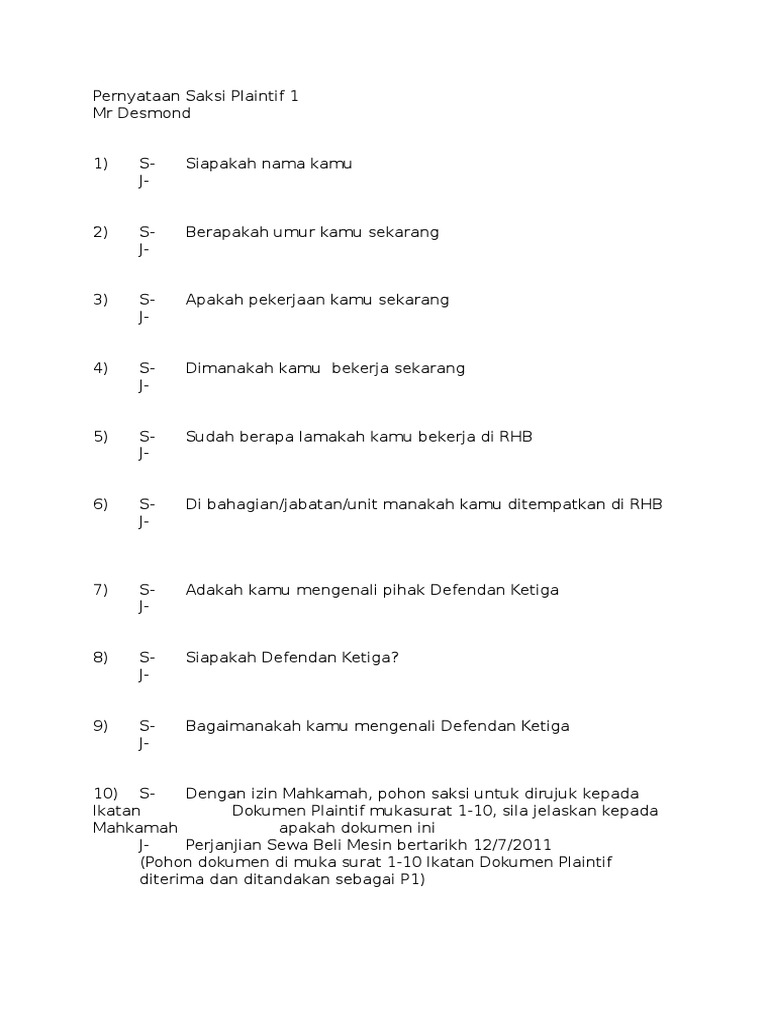 Pernyataan Saksi Plaintif 1 | PDF