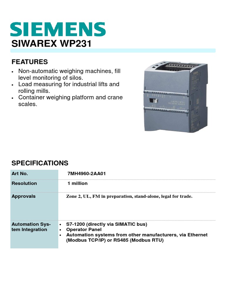7mh4960-2aa01 Siemens Siwarex WP231 | PDF
