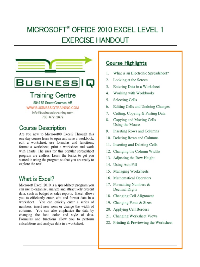 Excel Level 1 Exercise Handout | PDF | Teaching Methods & Materials ...