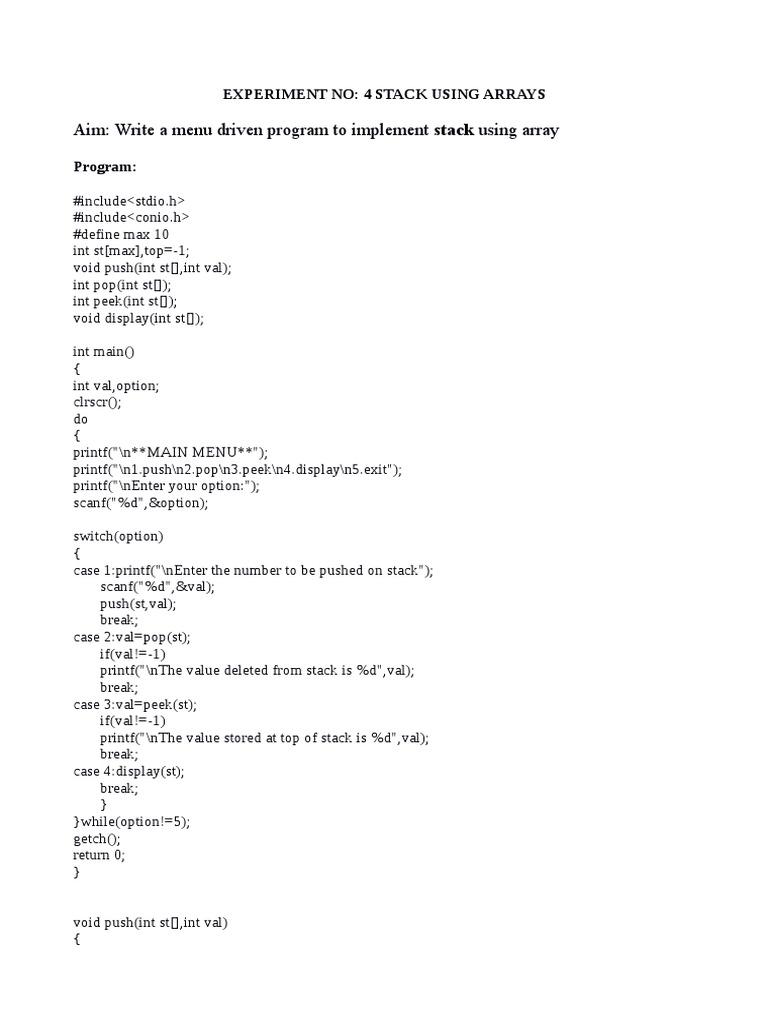 Aim: Write A Menu Driven Program To Implement Stack Using Array | Download Free PDF | Computer ...
