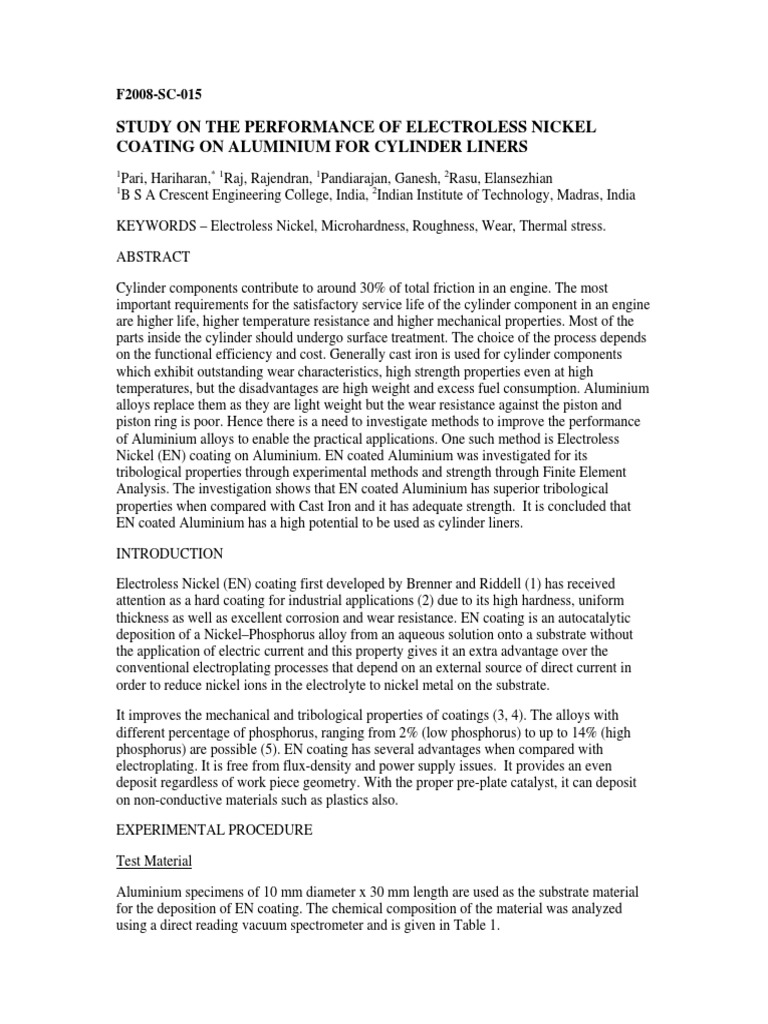 Electroless Nickel Coating for Cylinder Liners | PDF | Wear | Aluminium