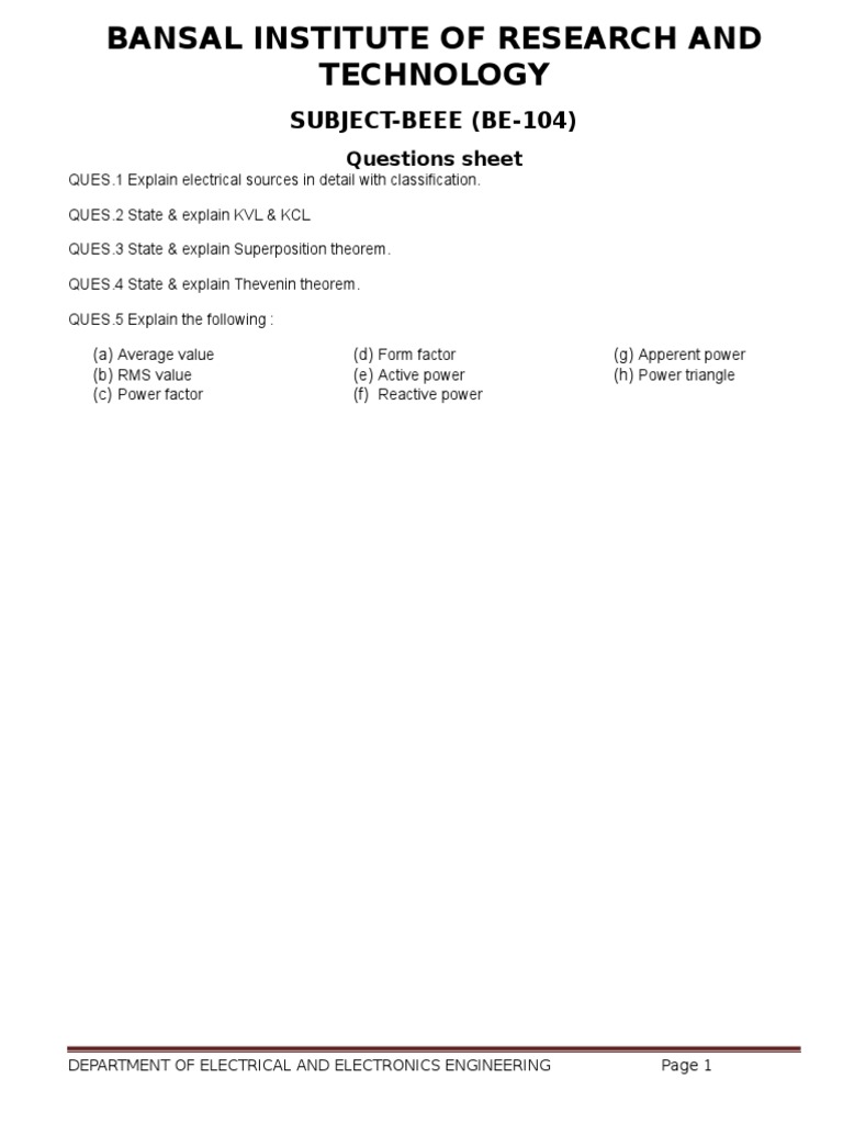 SUBJECT-BEEE (BE-104) : Questions Sheet | PDF