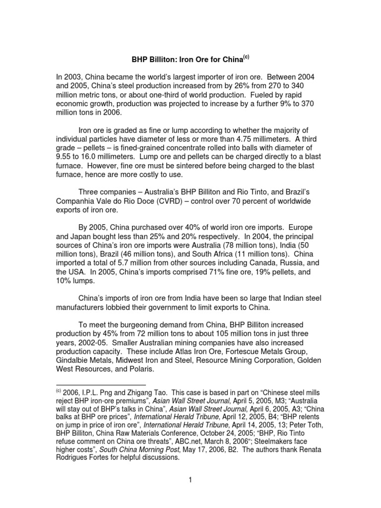 Case Study 01 - BHP Bilton Iron Ore For China | PDF | Iron Ore | Industries