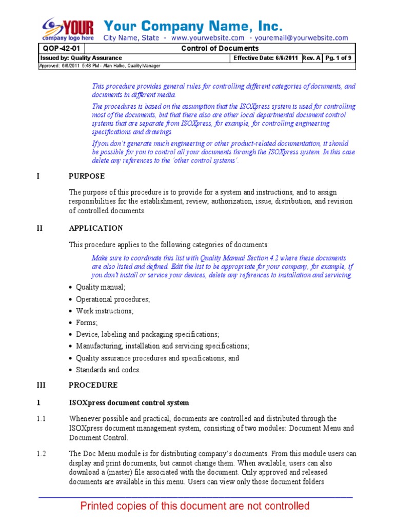 ISO 13485 Operational Procedure QOP-42-01 (A) Control of Documents PDF | PDF | Specification ...