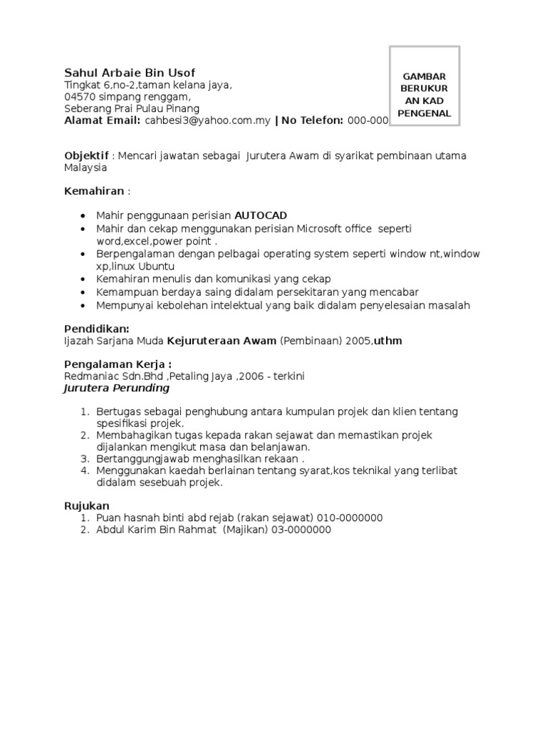Contoh Resume Jurutera Awam | PDF