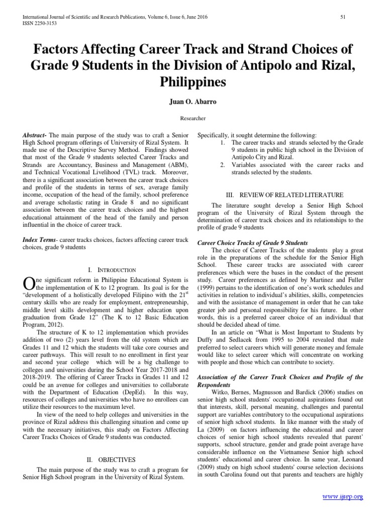 Factors Affecting Career Track and Strand Choices of Grade 9 Students ...