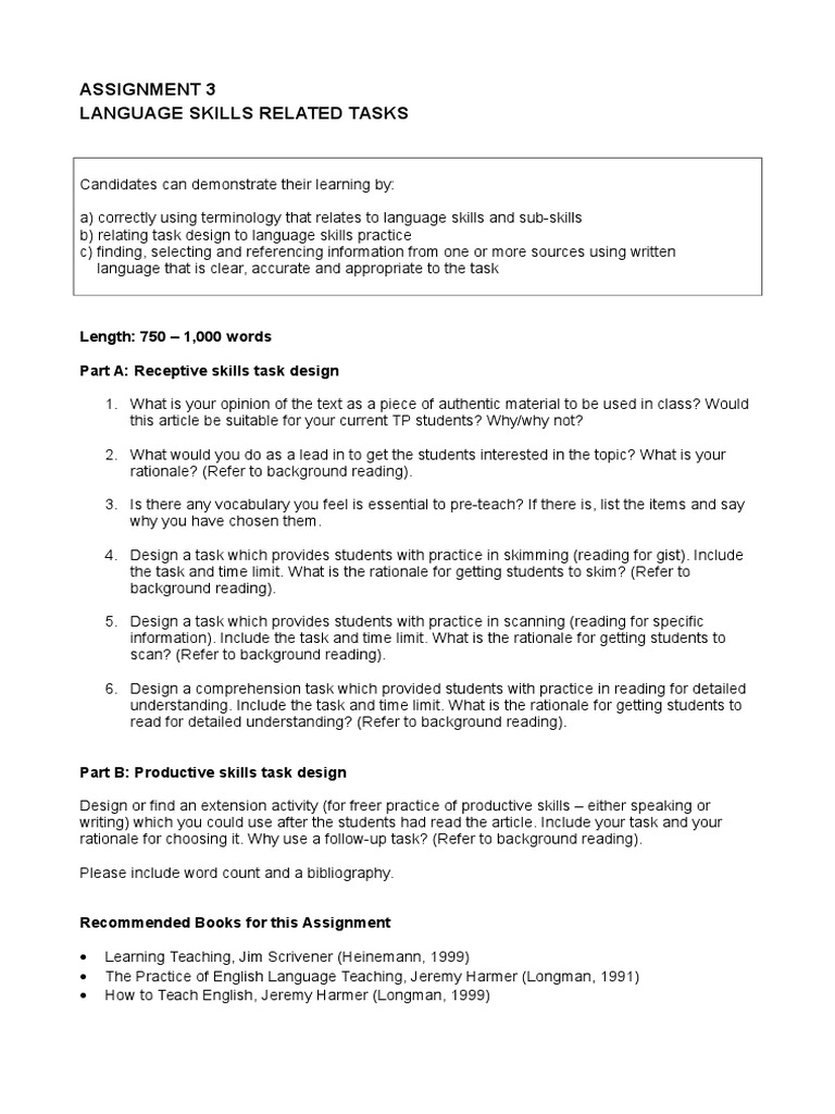 Assignment 3 Language Skills Related Tasks | PDF | Reading (Process) | Cognition