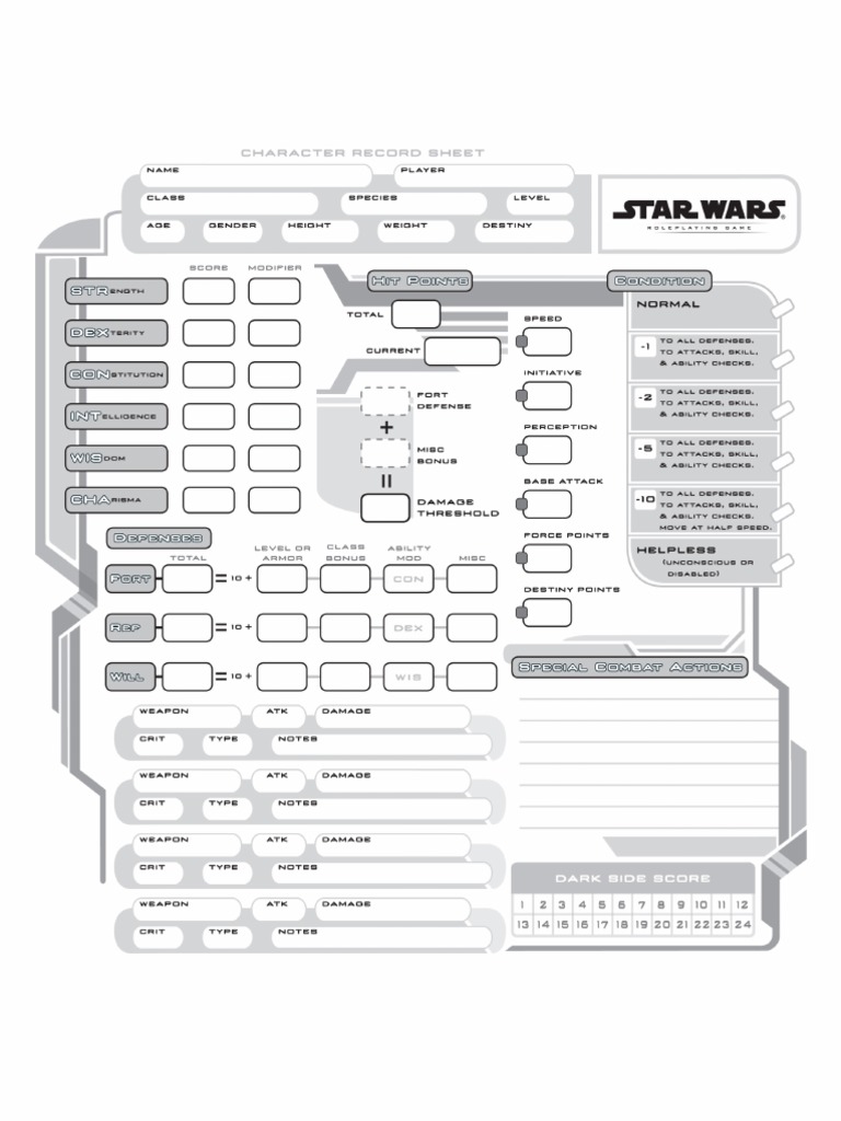 Star Wars Saga Edition Fillable PDF Character Sheet PDF | PDF