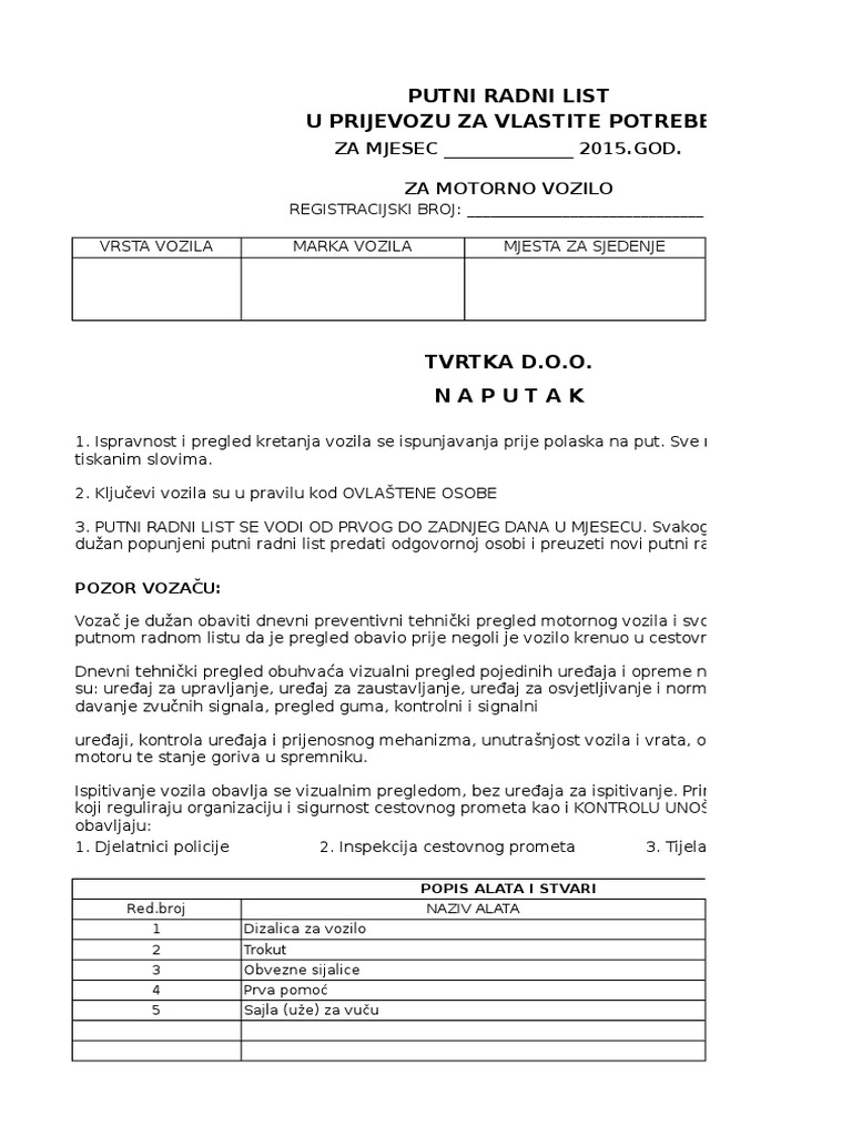 2015 Putni Radni List