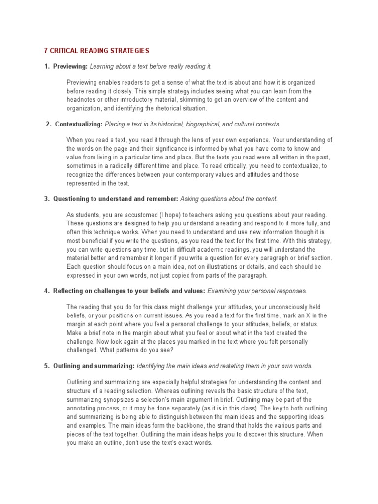 Seven Strategies for Critical Reading: Previewing, Contextualizing ...