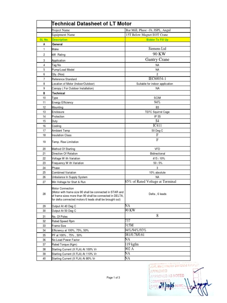 Approved Data Sheet 90 KW 8 Pole Motor JSPL Angul | PDF | Engines | Bearing (Mechanical)